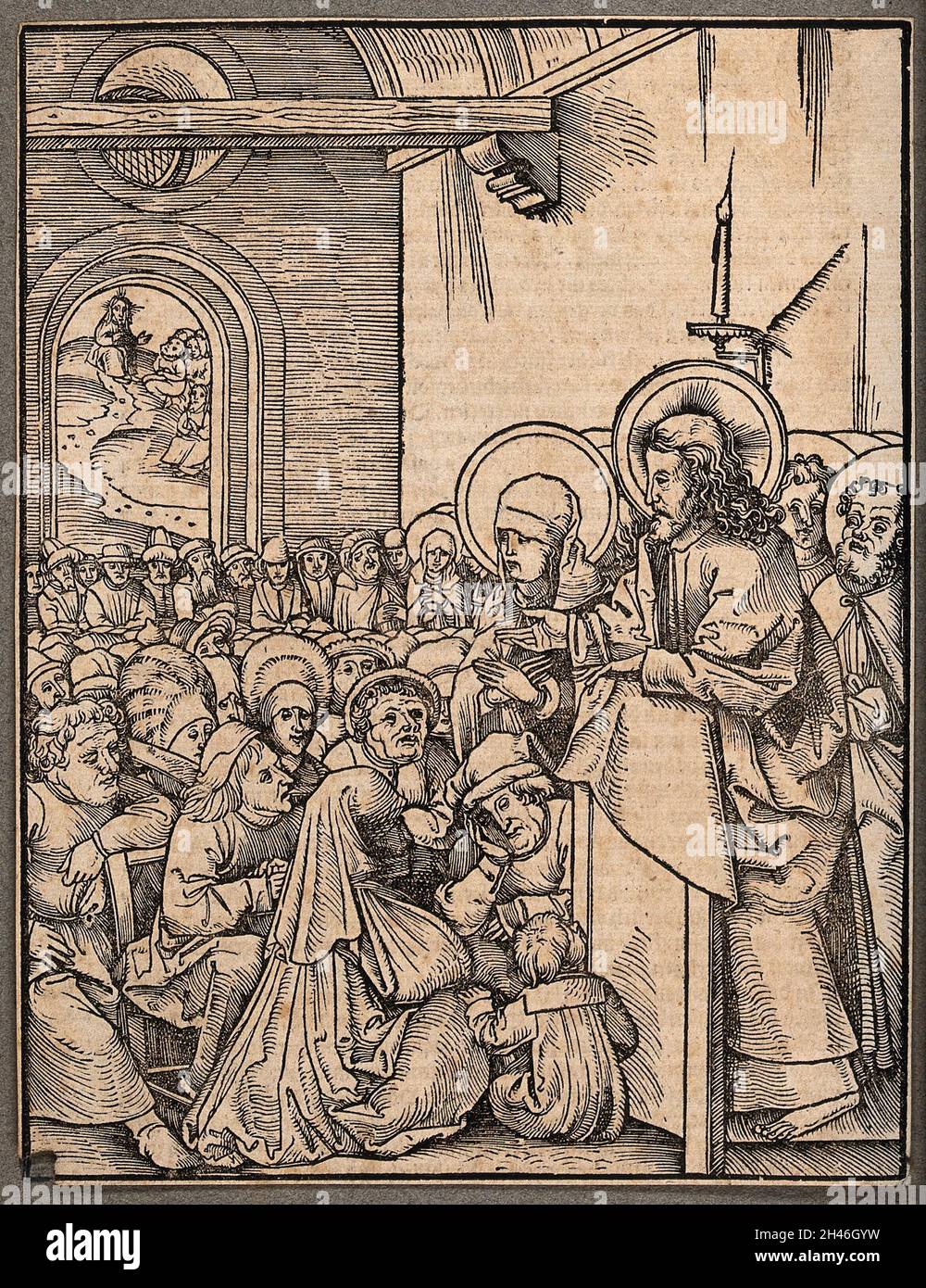 Christ preaching before a crowd. Woodcut Stock Photo - Alamy