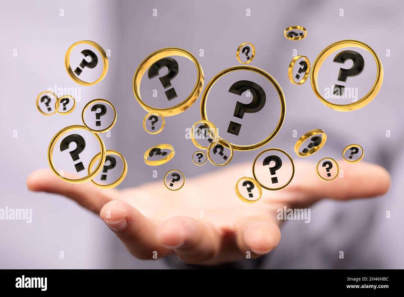 3D rendering of black question marks floating on a man's hand Stock ...