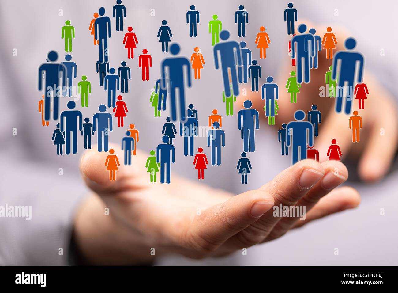 3D rendering of a group of floating people icons on a businessman's ...