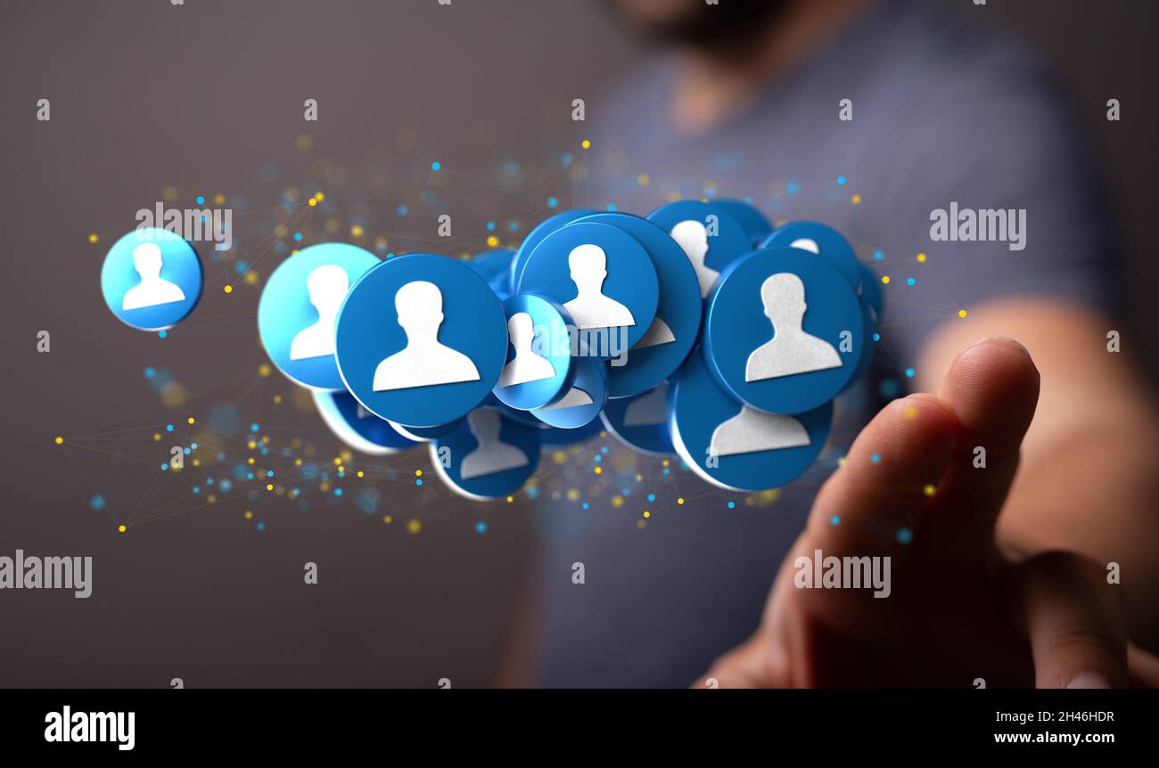 3D rendering of a group of floating people icons on a businessman's ...
