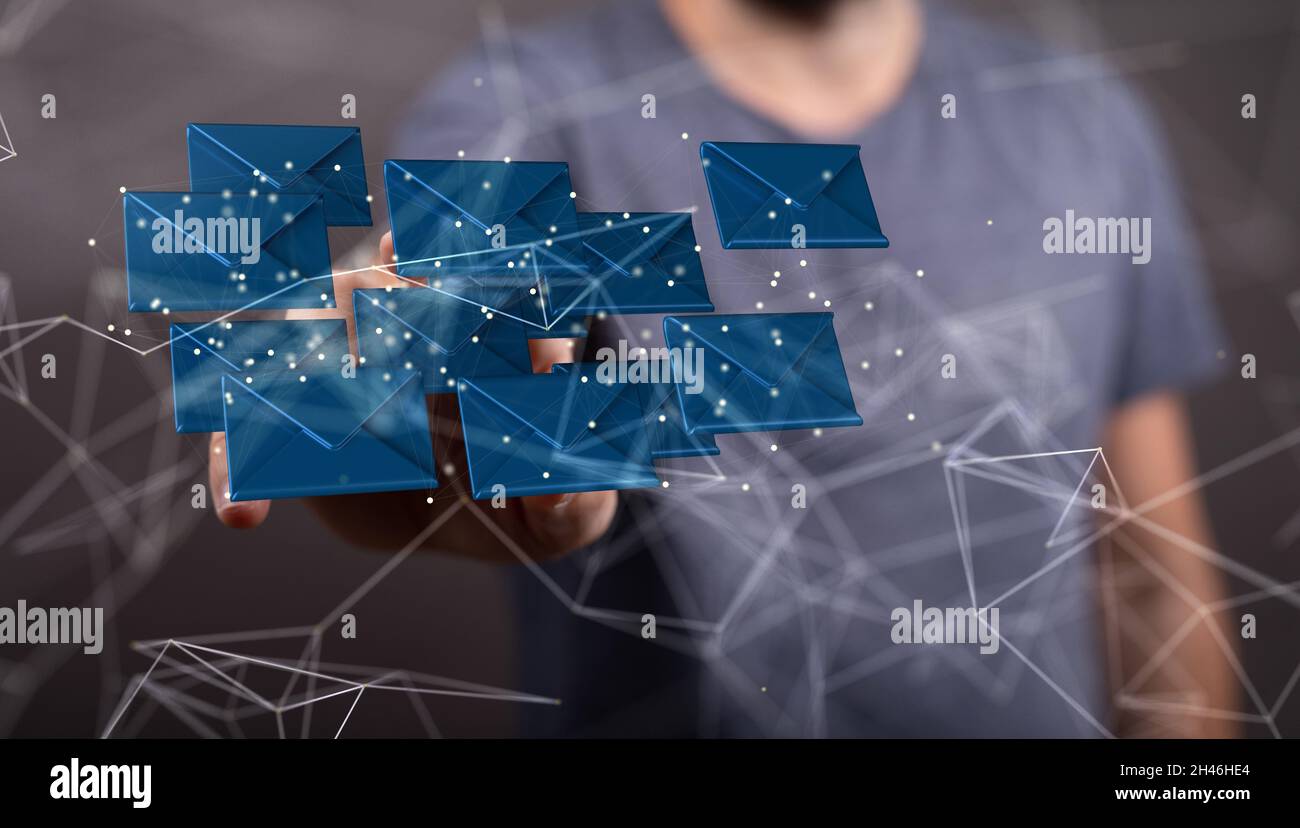 3D rendering of a man pointing at floating message icons - Concept of ...