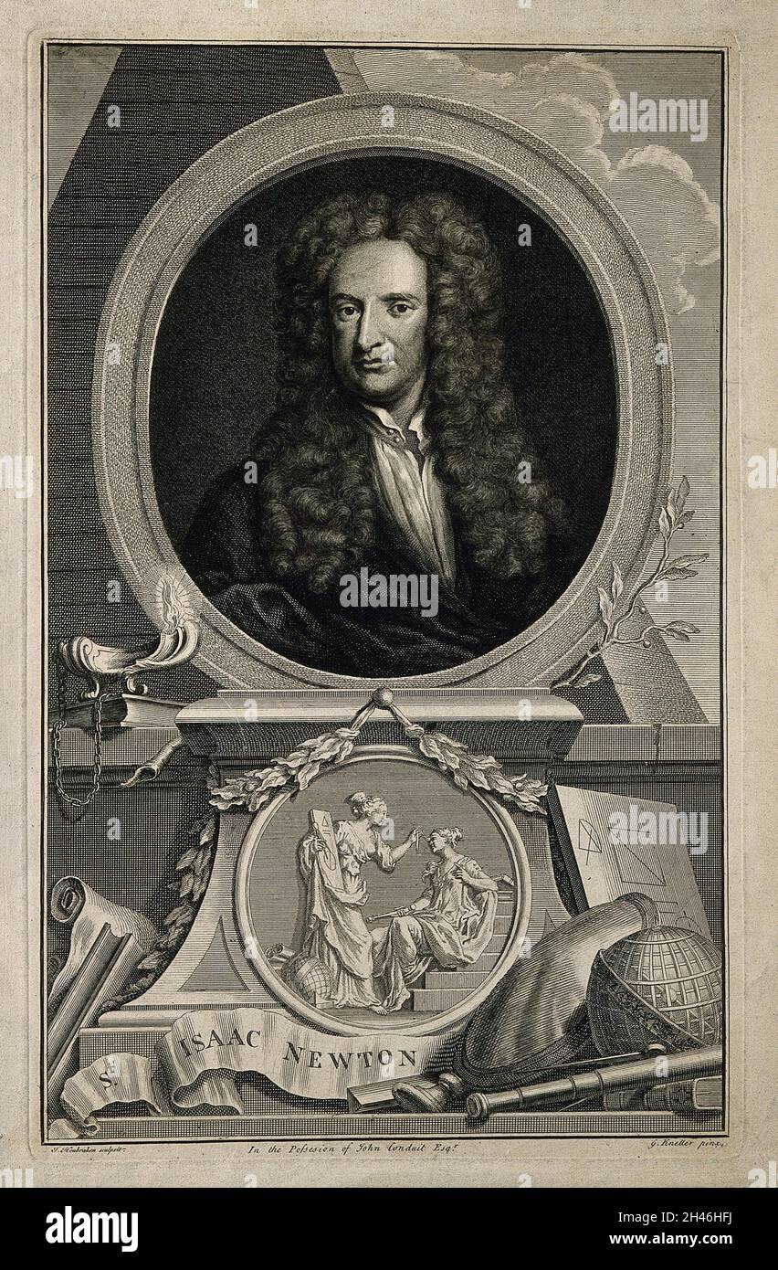 Sir Isaac Newton. Line engraving by J. Houbraken, 1743, after Sir G ...
