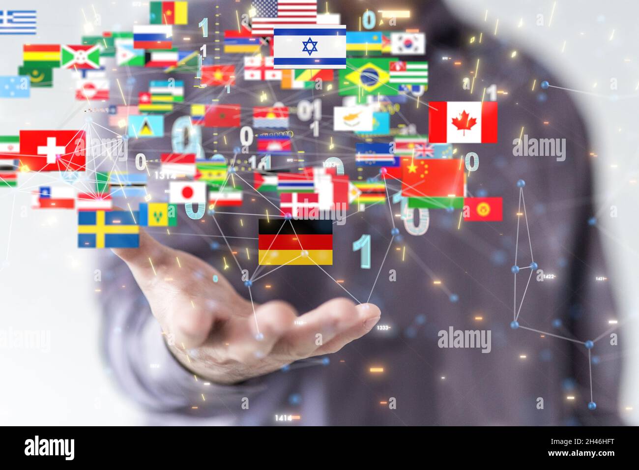 Person presenting the virtual projection of international country flags ...