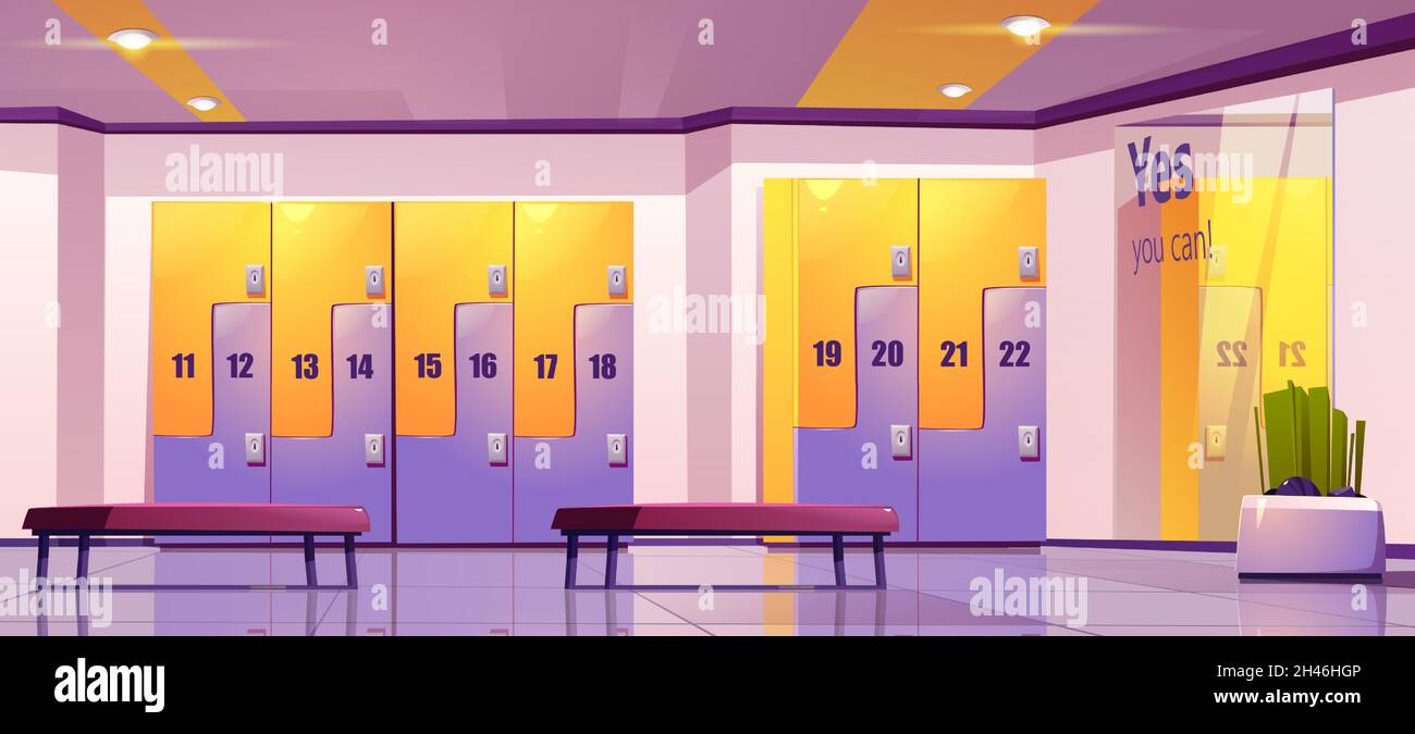 Locker room, school or gym dressing empty area with metal cabinets. Row ...
