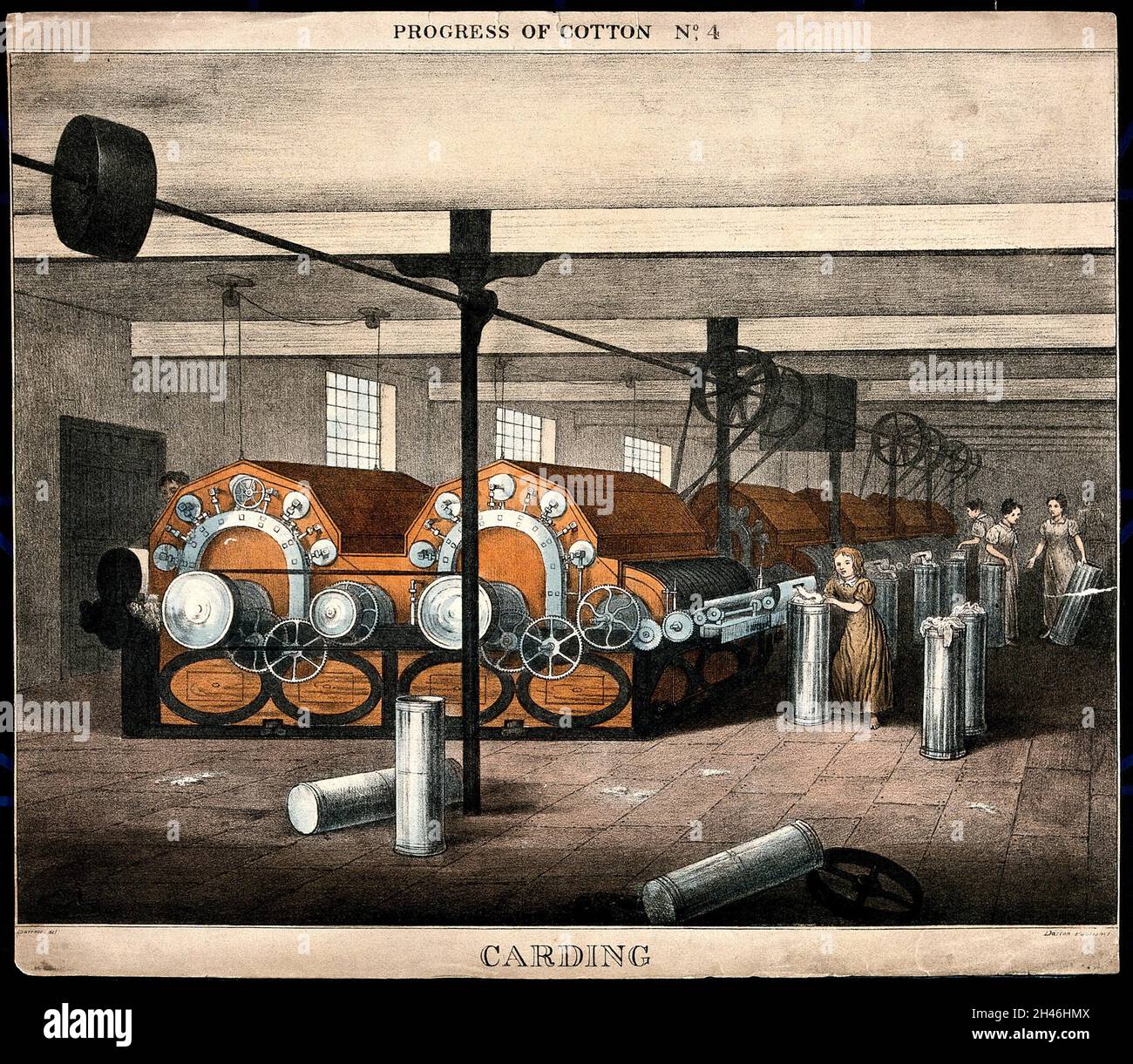 Women and children operating cotton-carding machines in a factory ...