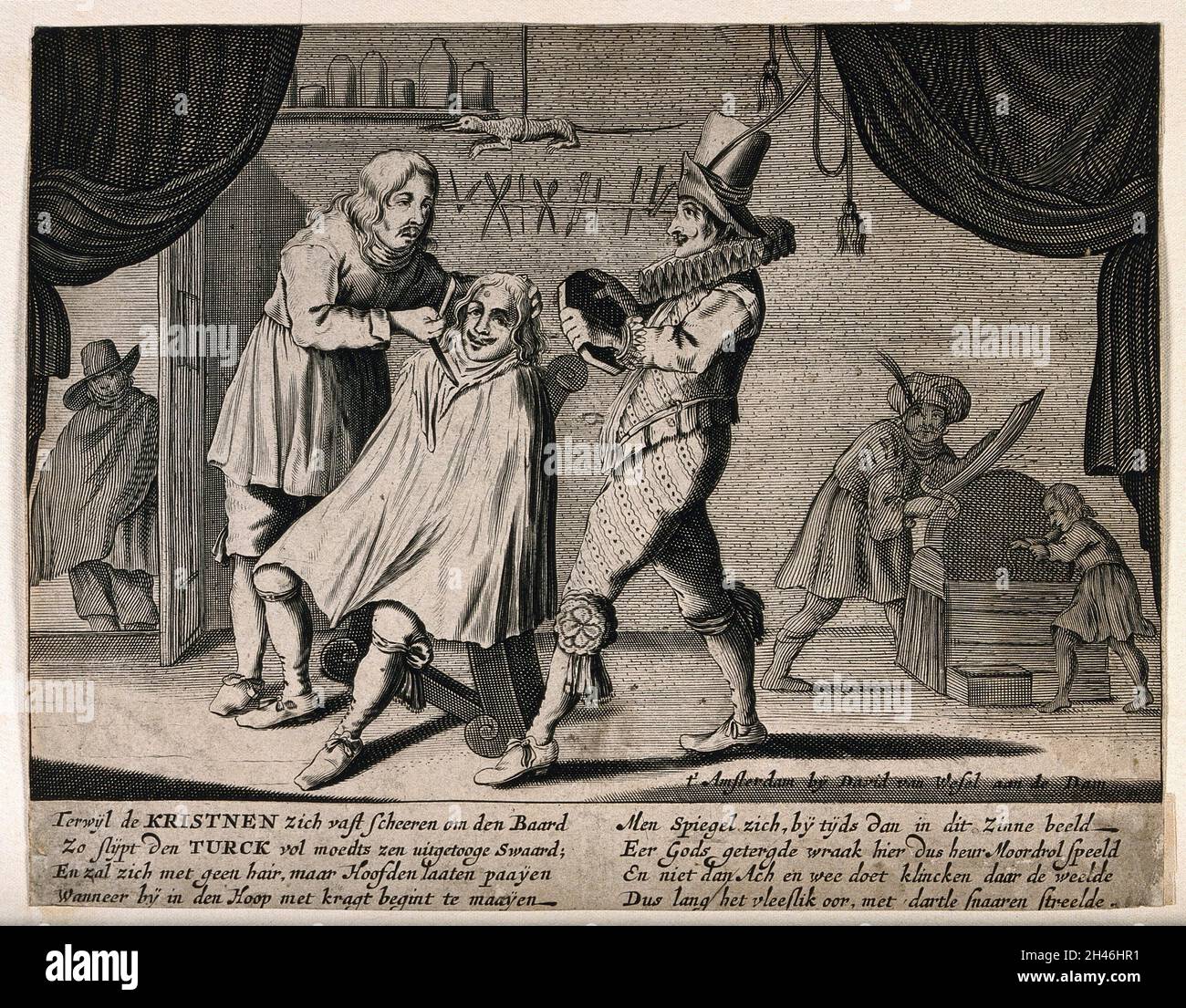 A Christian man being shaved while a Turk sharpens his scimitar on a ...