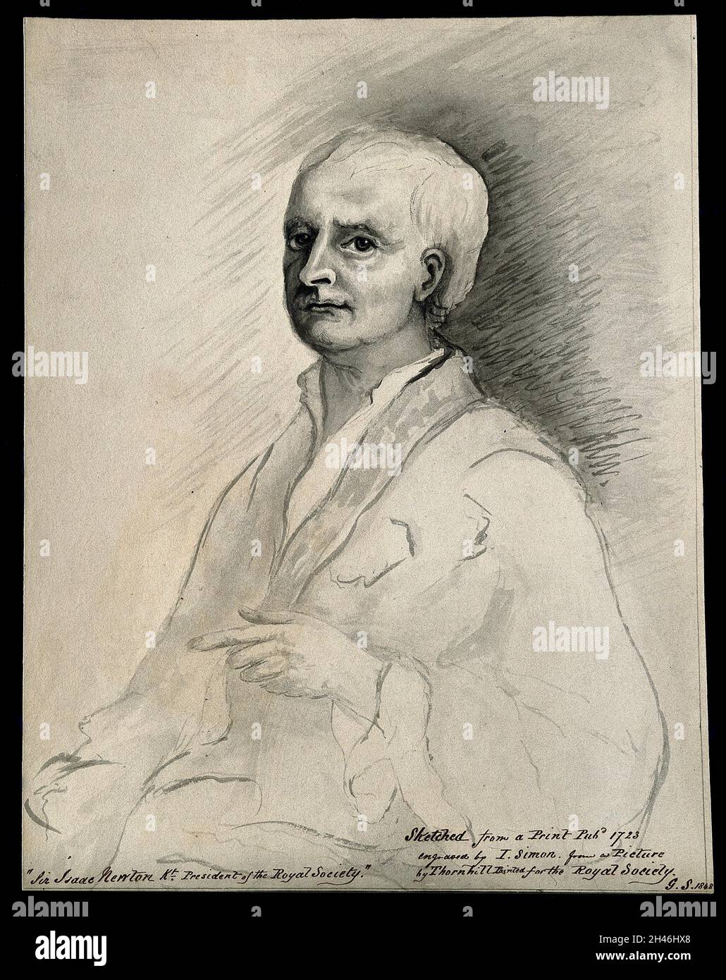 Sir Isaac Newton. Wash drawing by G. S., 1848, after J. Simon, 1723 ...