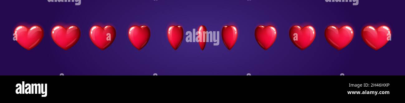Animation sprite sheet of red heart rotation. Vector cartoon set of 3d ...