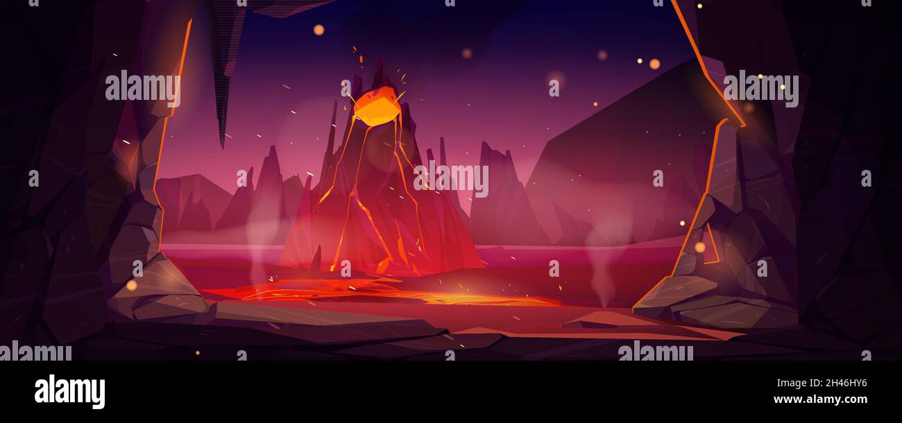 Volcano eruption view from cave, Halloween background with hell ...