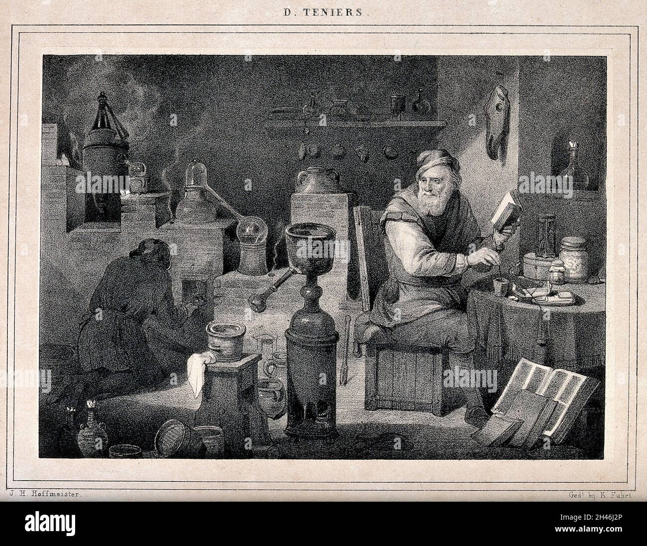 An alchemist with an assistant in his laboratory. Lithograph after D ...