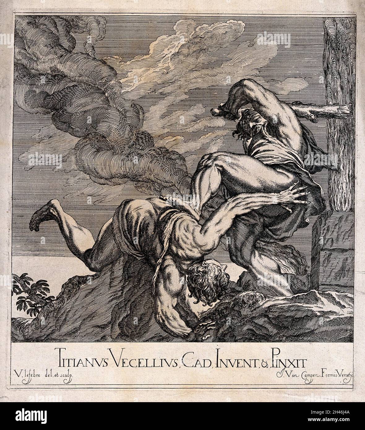 Cain slaying Abel. Etching by V. Lefebvre after Titian Stock Photo - Alamy