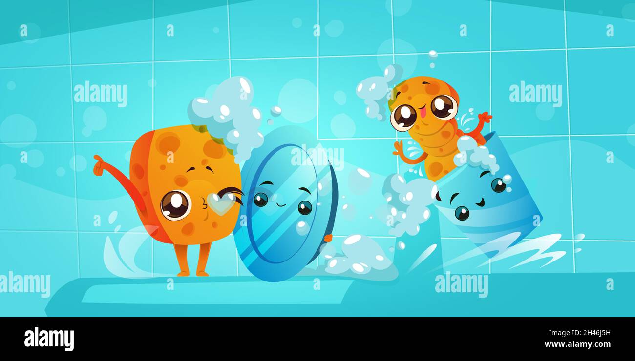 Cute sponges cleaning plate and glass at kitchen sink on tiled wall ...