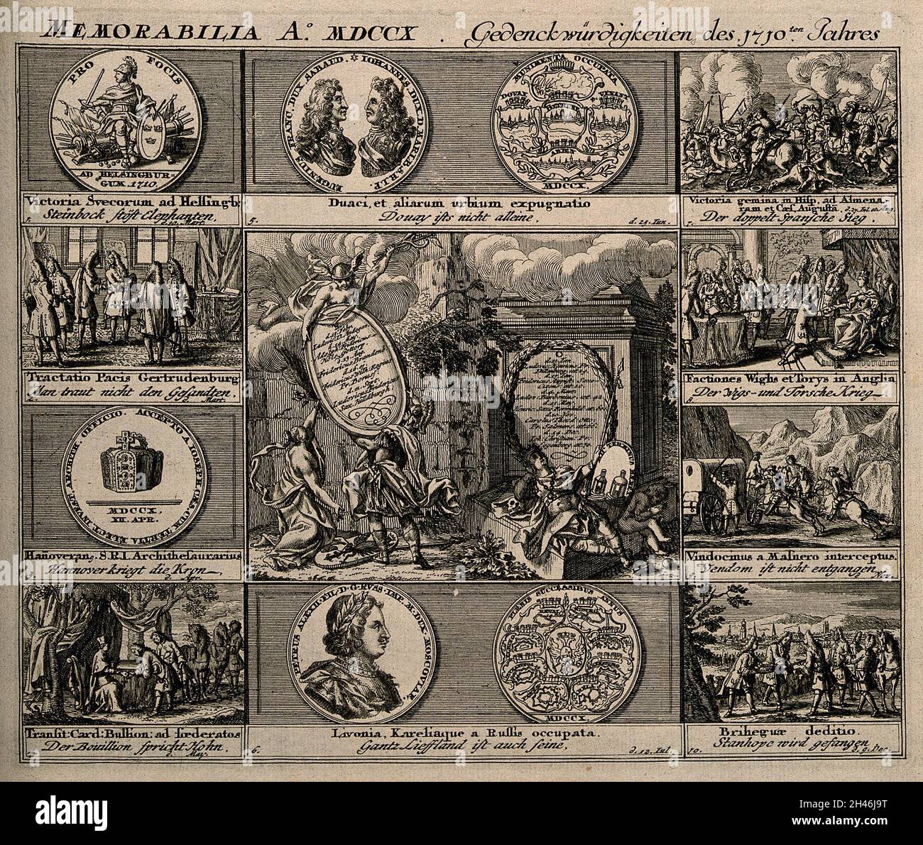 Memorial of European events from the year 1710. Engraving, c. 1722 ...