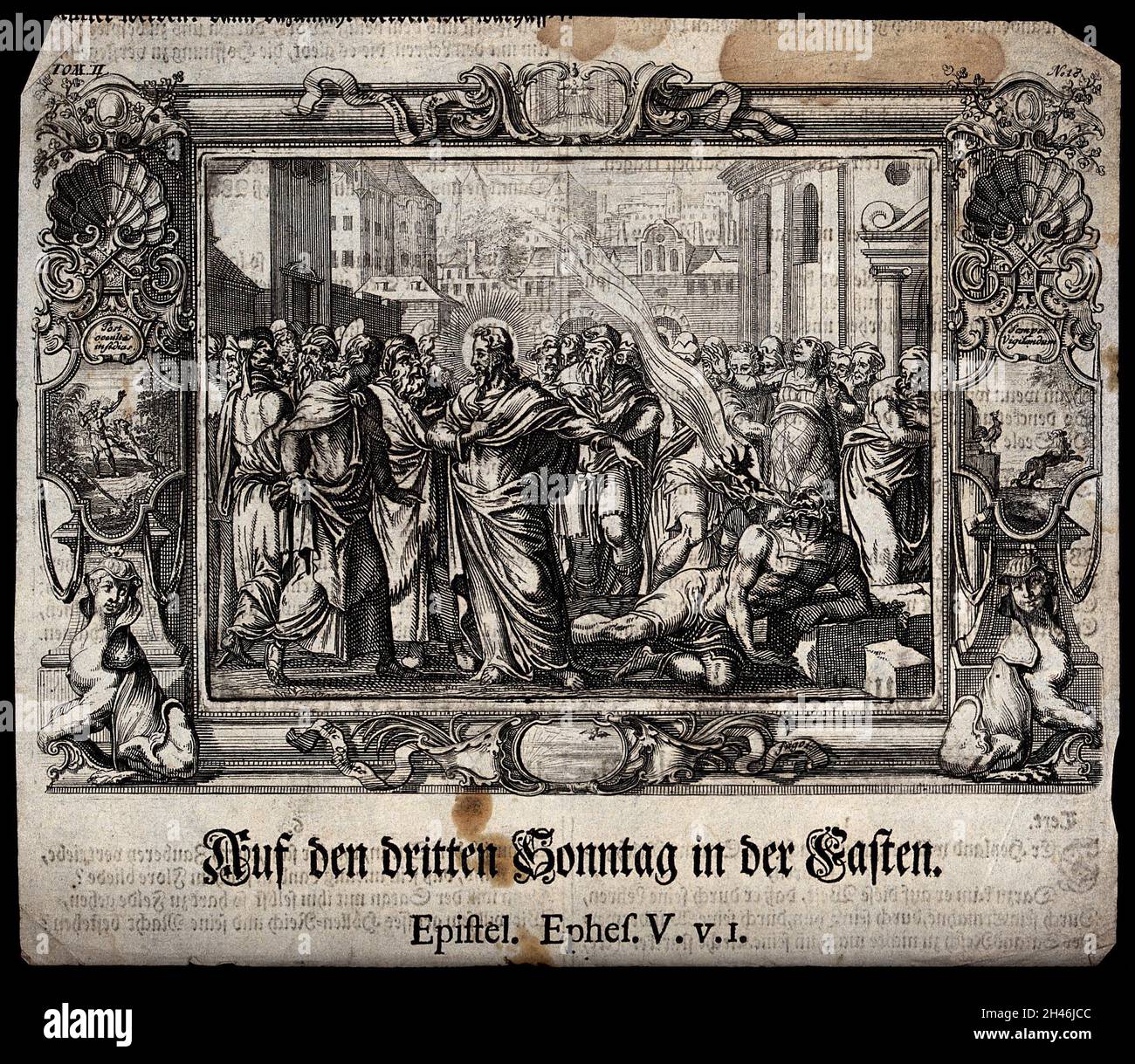 Christ heals a demoniac; a demon is expelled into the air. Etching ...