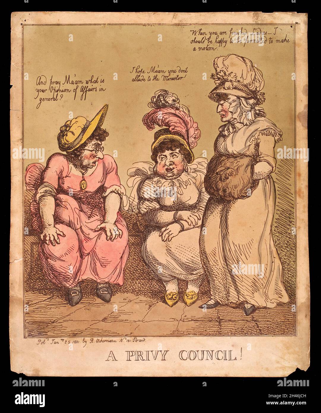 Three women having a discussion in a latrine. Coloured etching, 1801 ...