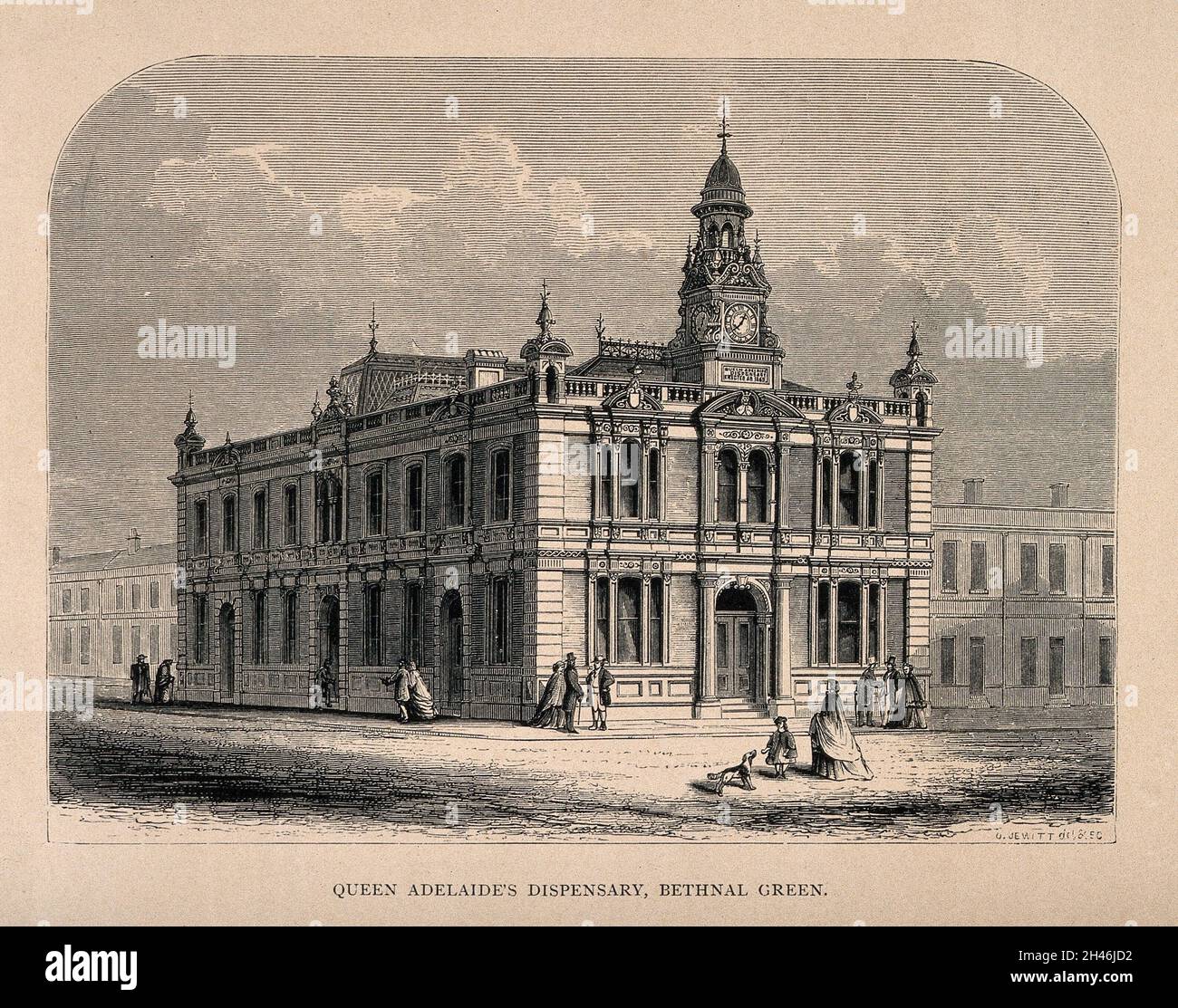 Queen Adelaide's Dispensary, Bethnal Green. Wood engraving by O. Jewitt ...