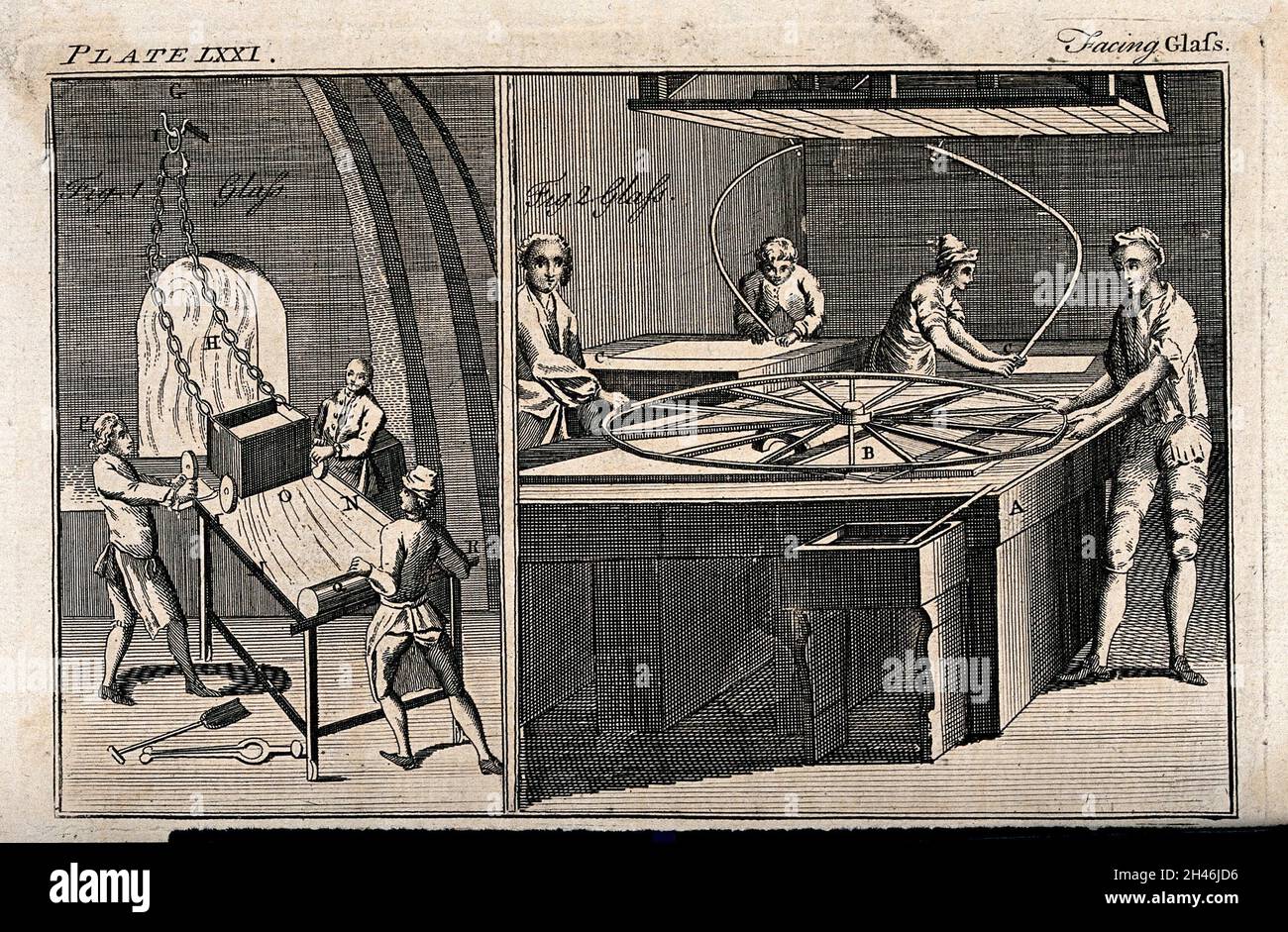 Men are working at benches with a box with wheels on a chain and a ...