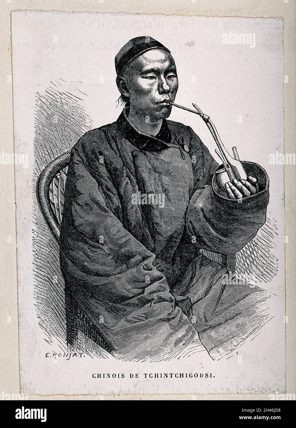 A Chinese man sits smoking an opium pipe. Wood engraving after E ...