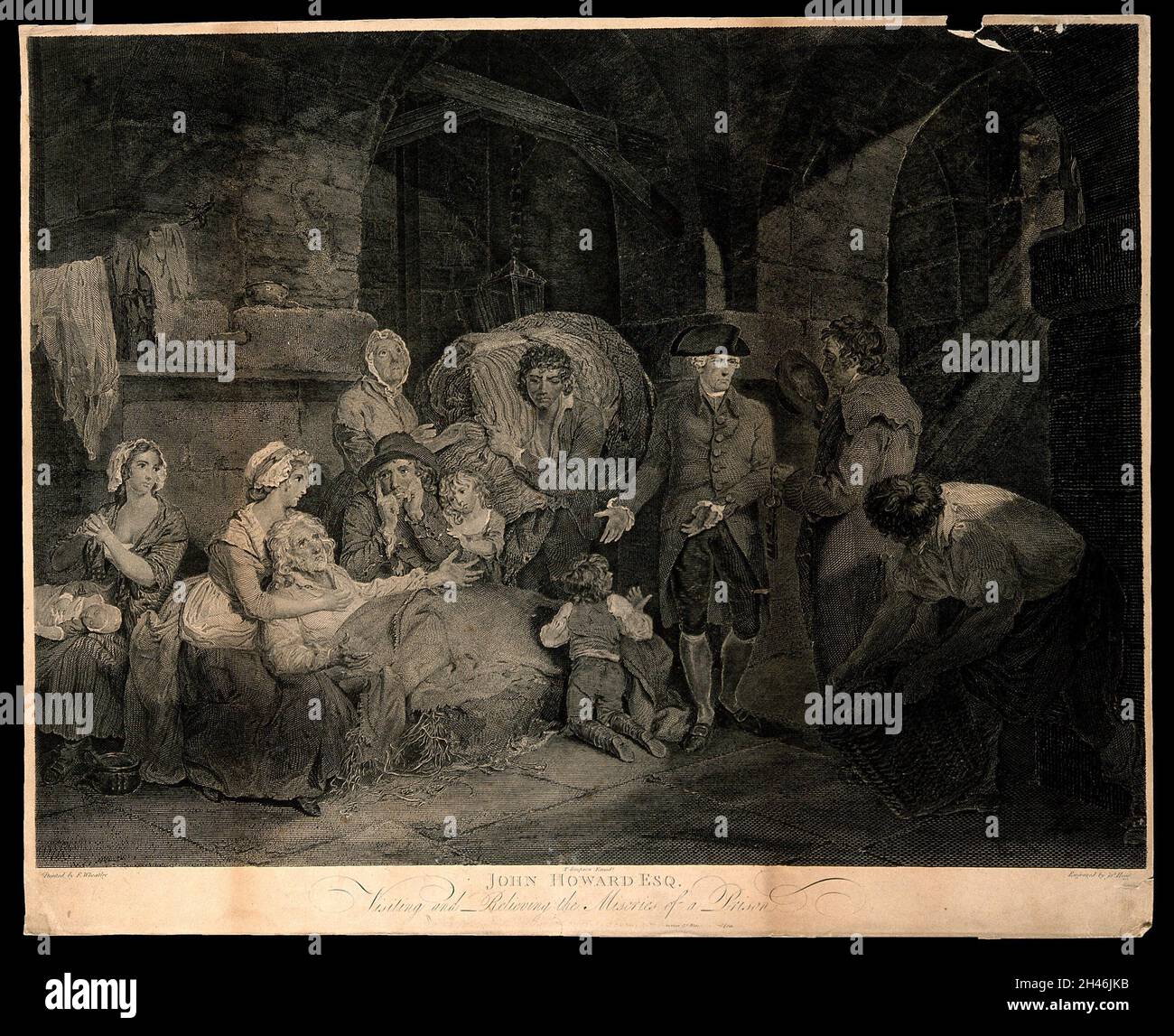John Howard visiting a prison: a group of inmates sitting or lying on ...