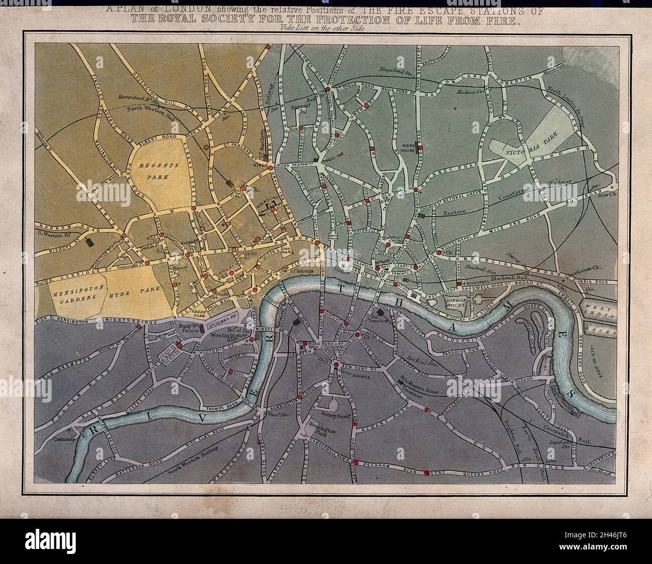 A map of London showing the river Thames and the major parks. Coloured ...