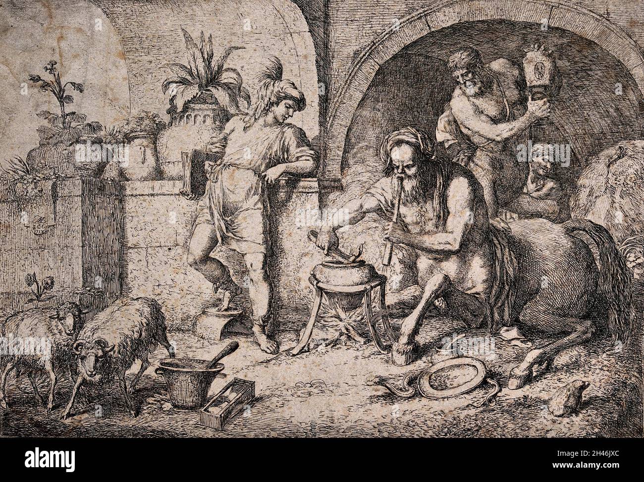 Chiron the centaur teaching Achilles the arts of magic. Etching by A.M ...