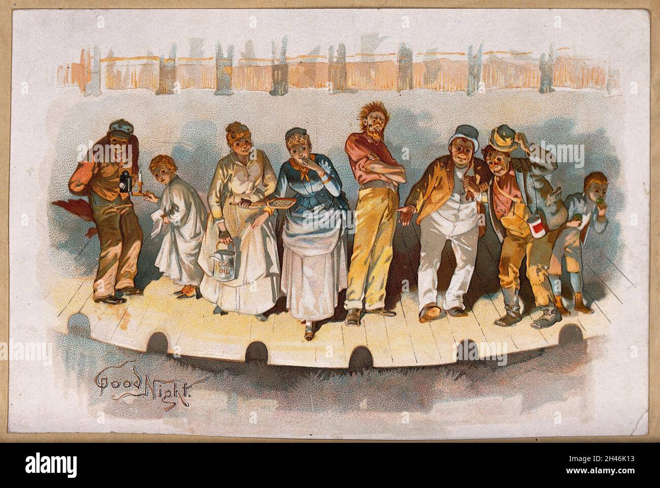 Eight characters on stage wish their audience goodnight ...