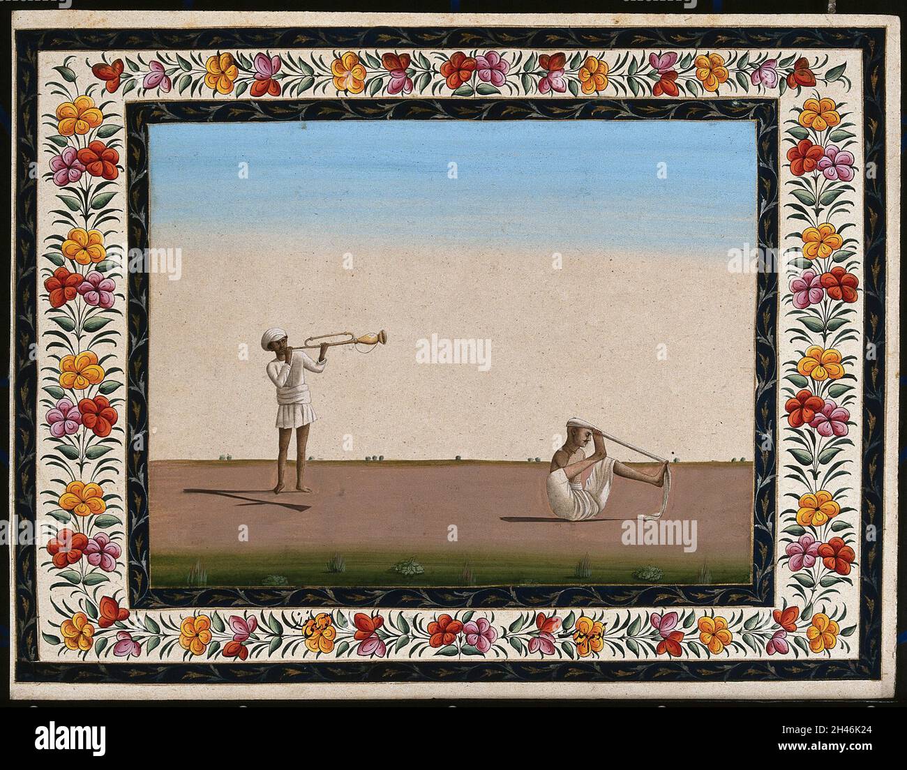 Two Indian men: (left) blowing a trumpet-like instrument and (right) an ...