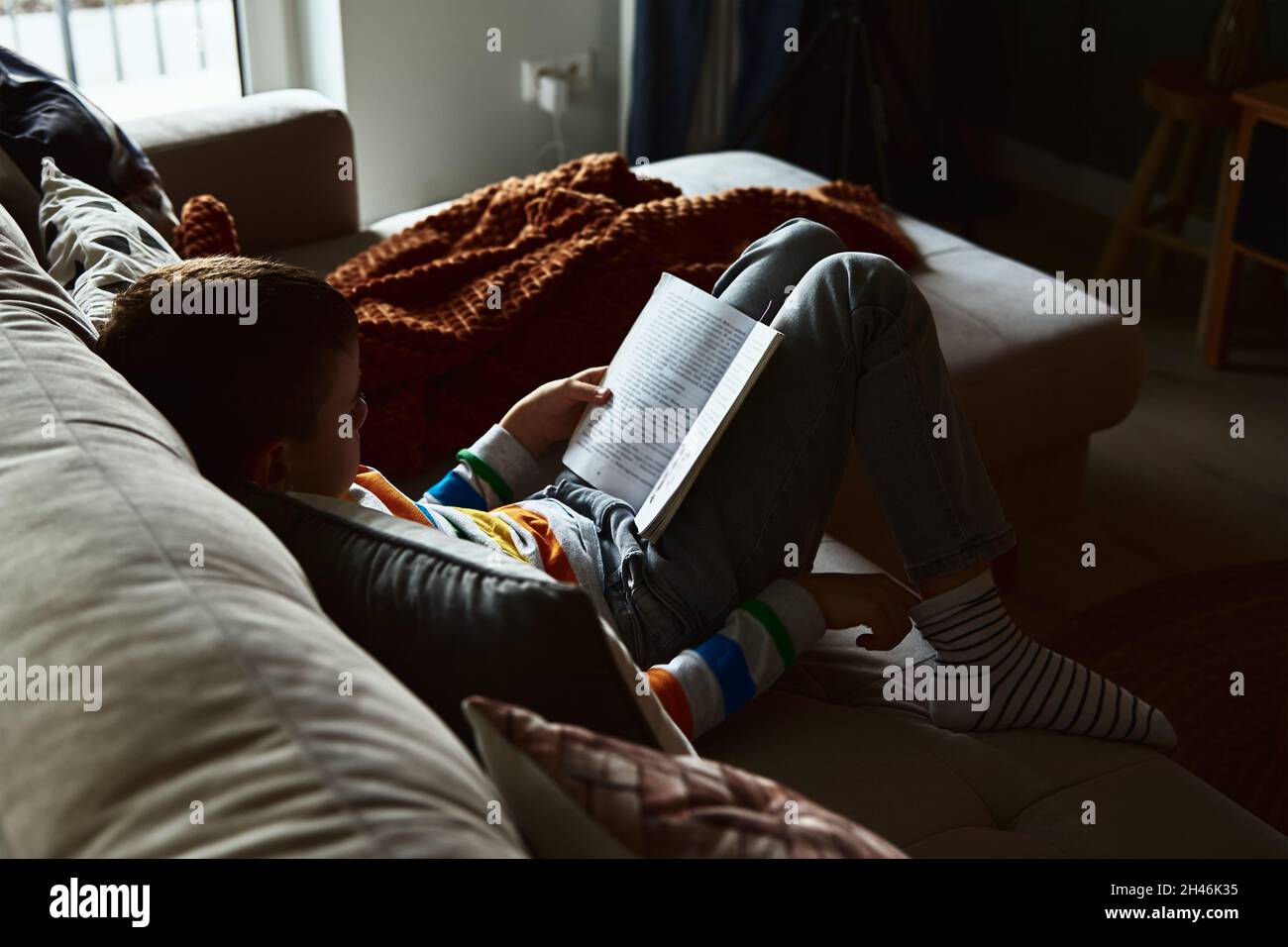 Young boy reading book on the sofa at home Stock Photo - Alamy