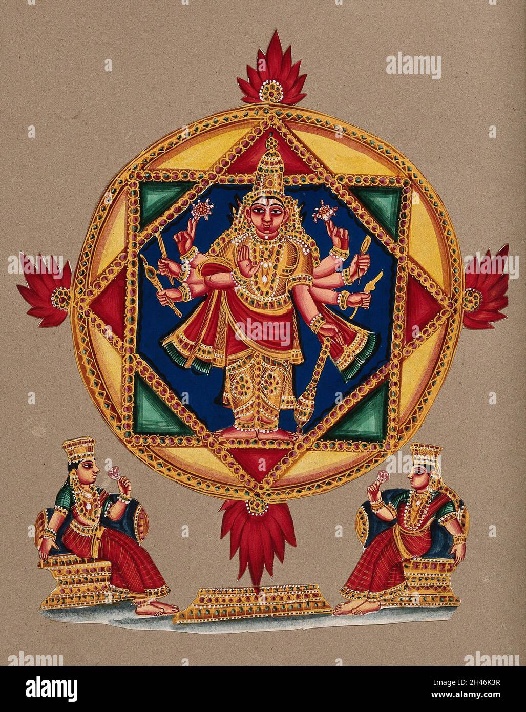 Vishnu in a mandala with Lakshmi sitting on either side. Gouache ...