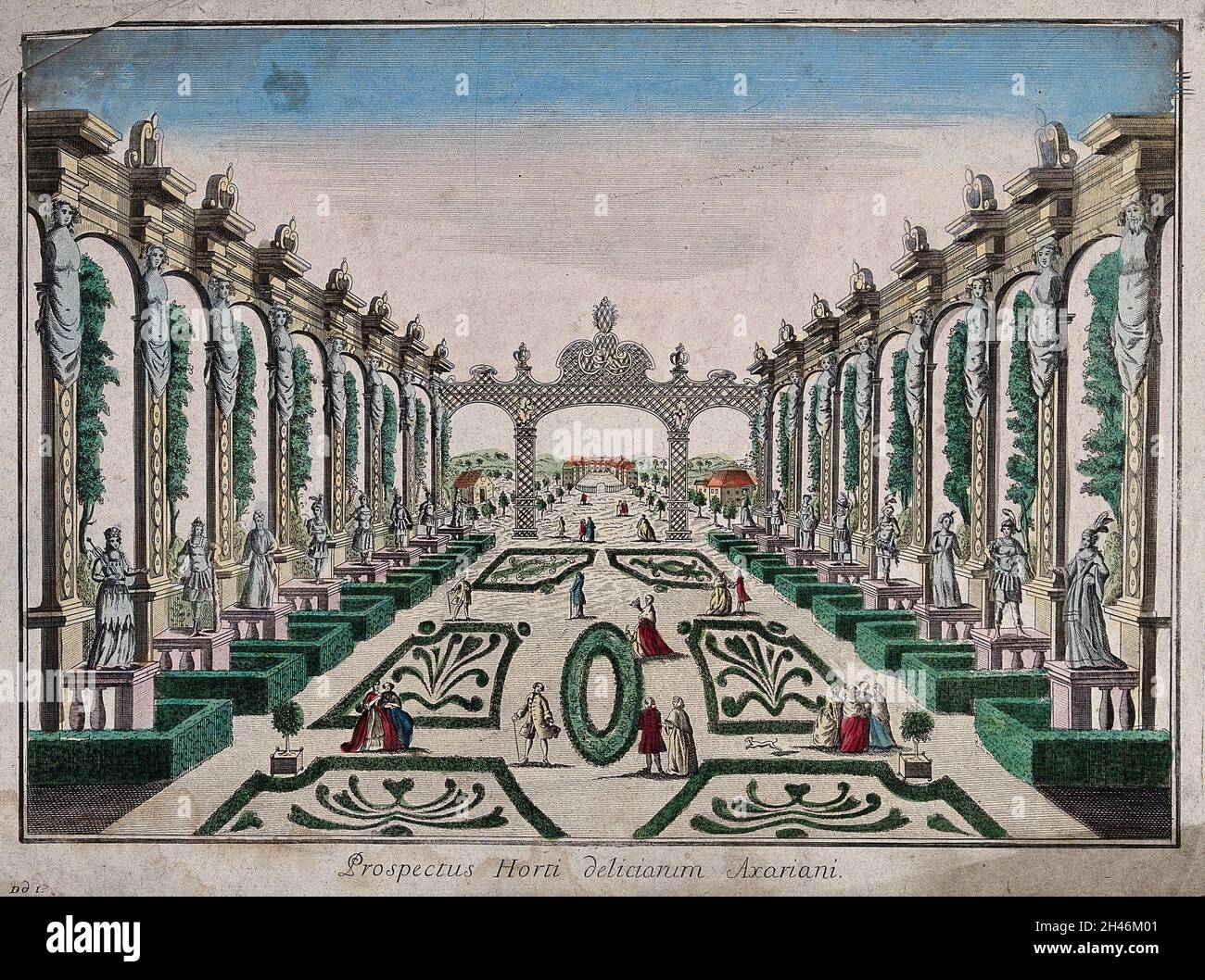 A classical garden with statues and topiary work. Coloured etching ...