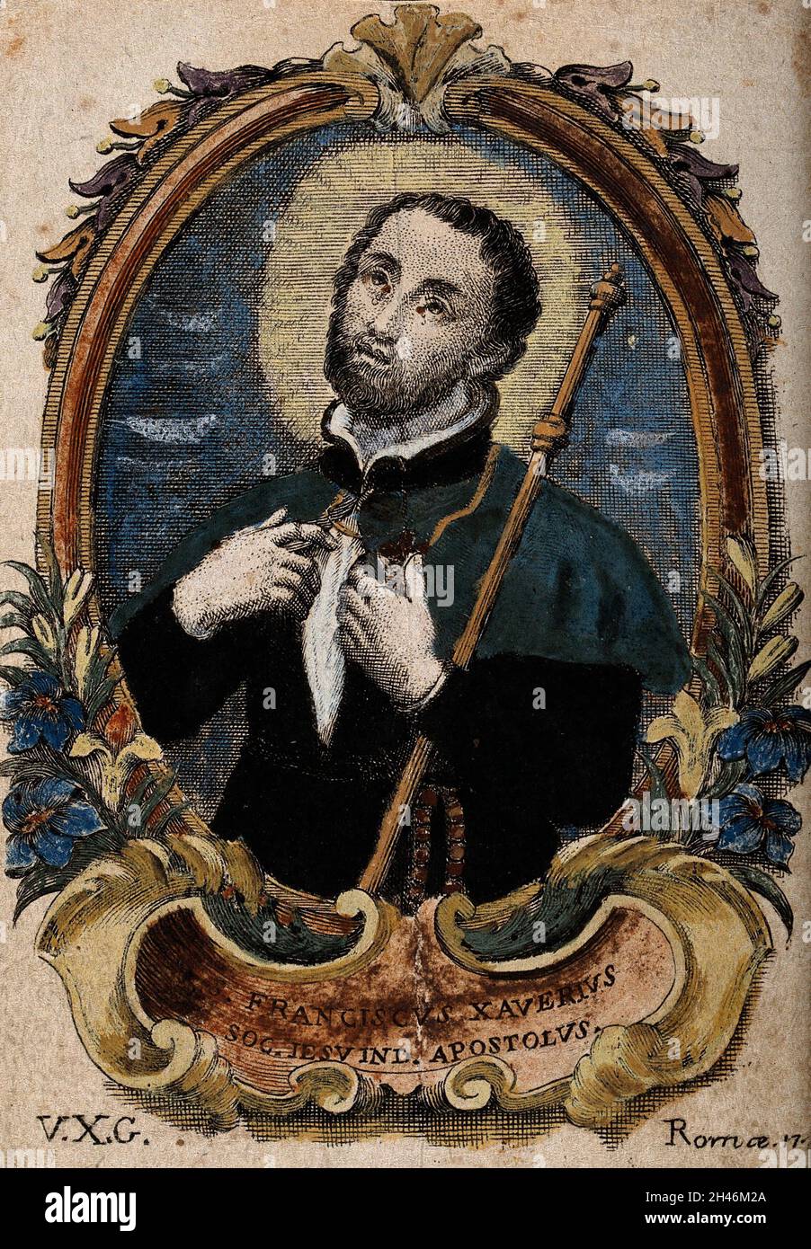 Saint Francis Xavier, head and shoulders in oval. Coloured engraving ...