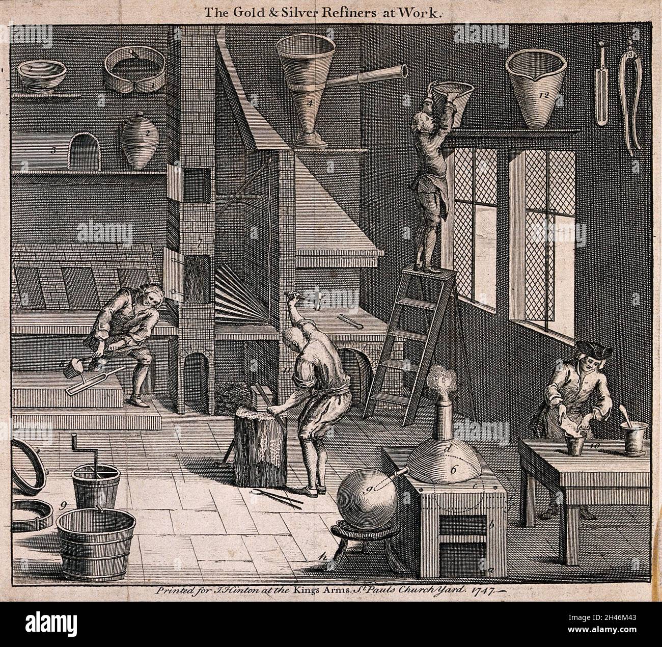 The process of gold and silver refining. Engraving, 1747 Stock Photo ...