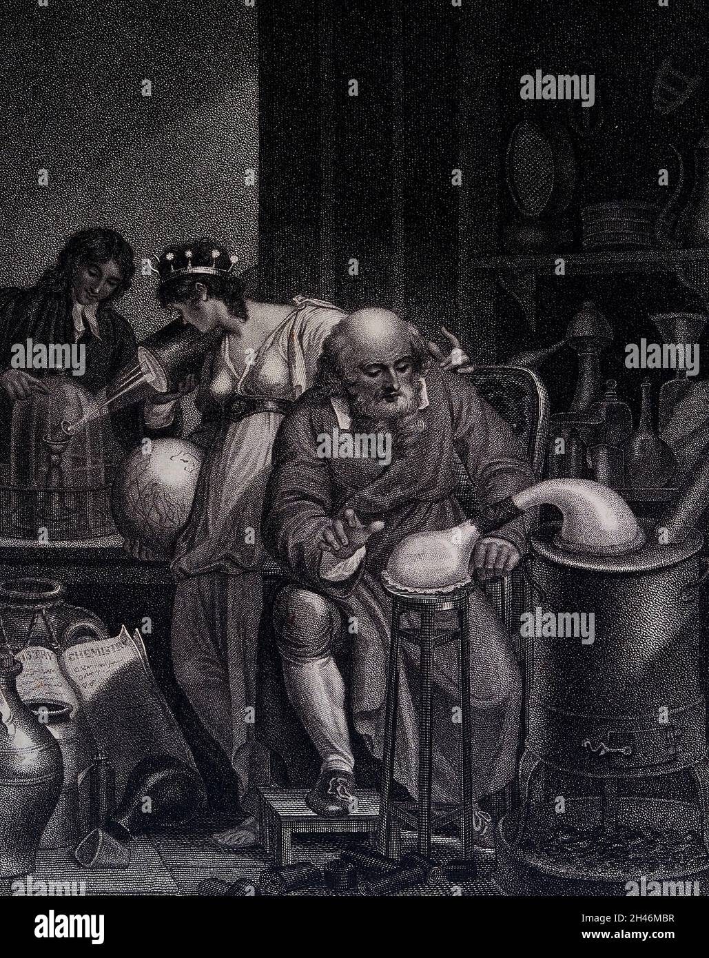 A man in the foreground conducts an alchemical experiment with an ...