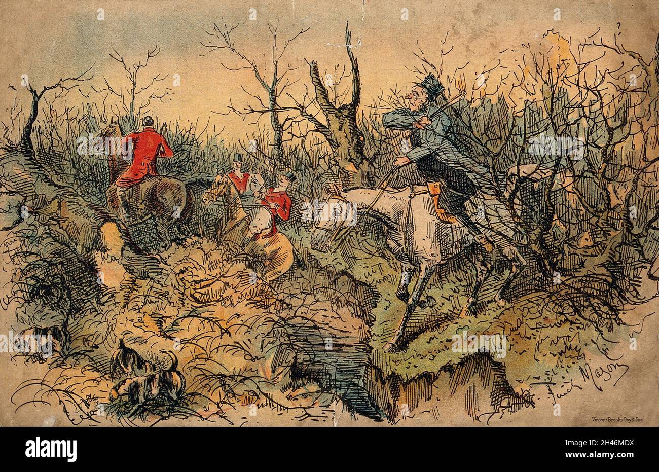A hunting group losing its way in ditches and hedges. Chromolithograph ...