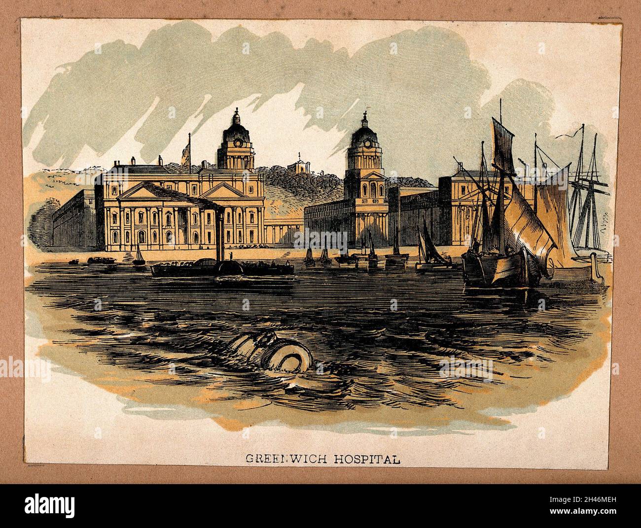 Royal Naval Hospital, Greenwich, with ships, rowing boats and a buoy in ...