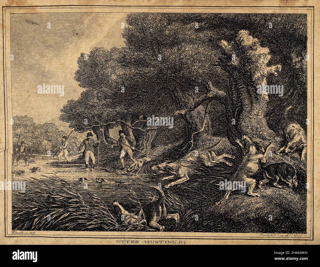 Hounds chasing otters into the reach of men holding spears in a river ...