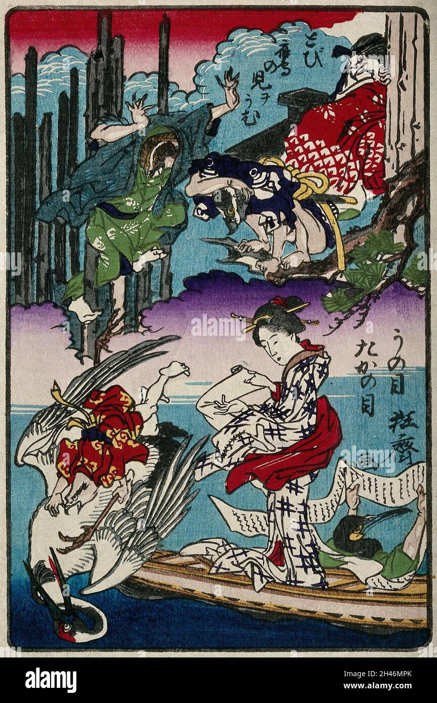 A hawk-headed man attacks a crane; a woman standing on a boat reads her ...