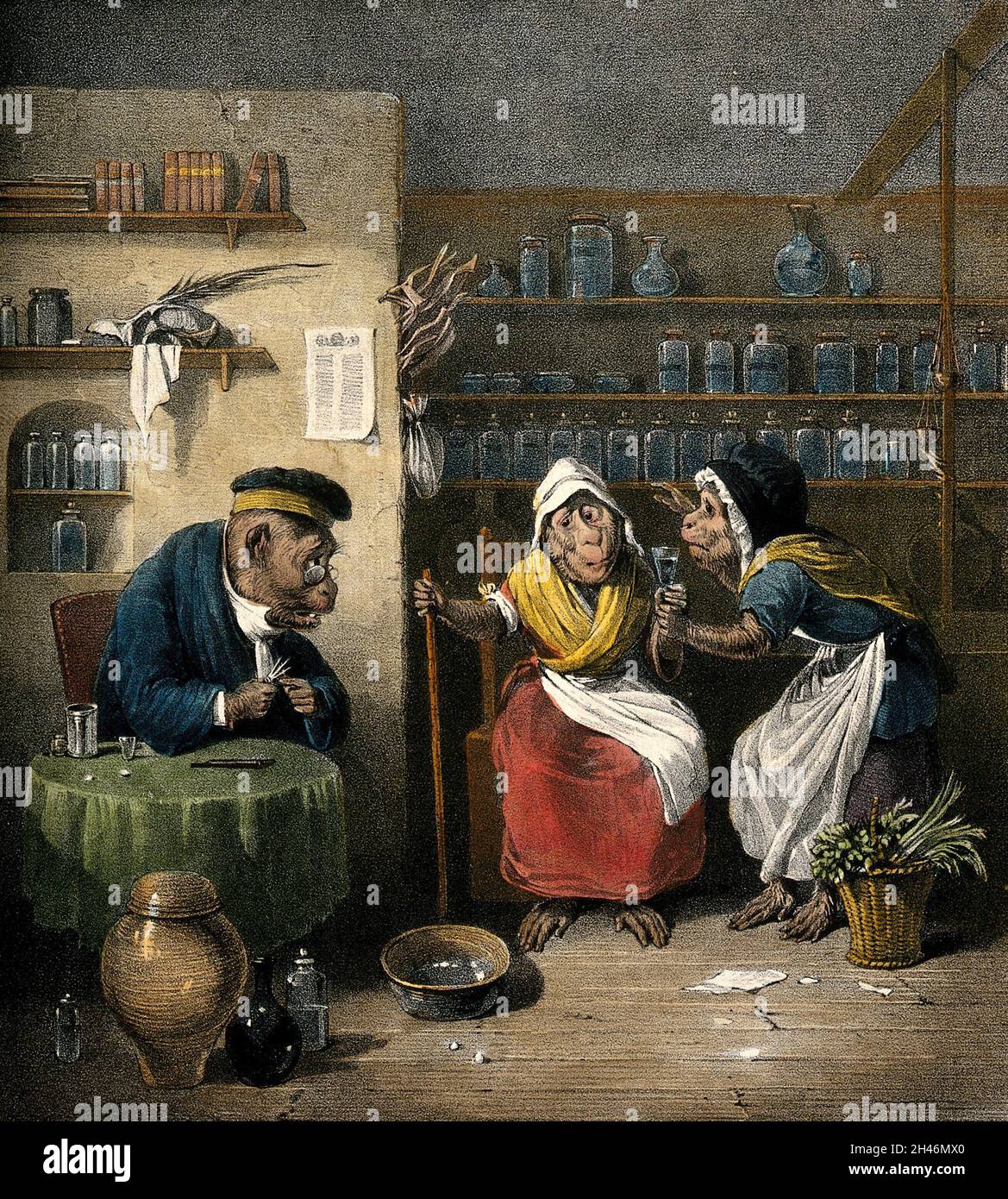 Interior of a phlebotomist's shop with anthropomorphic participants ...