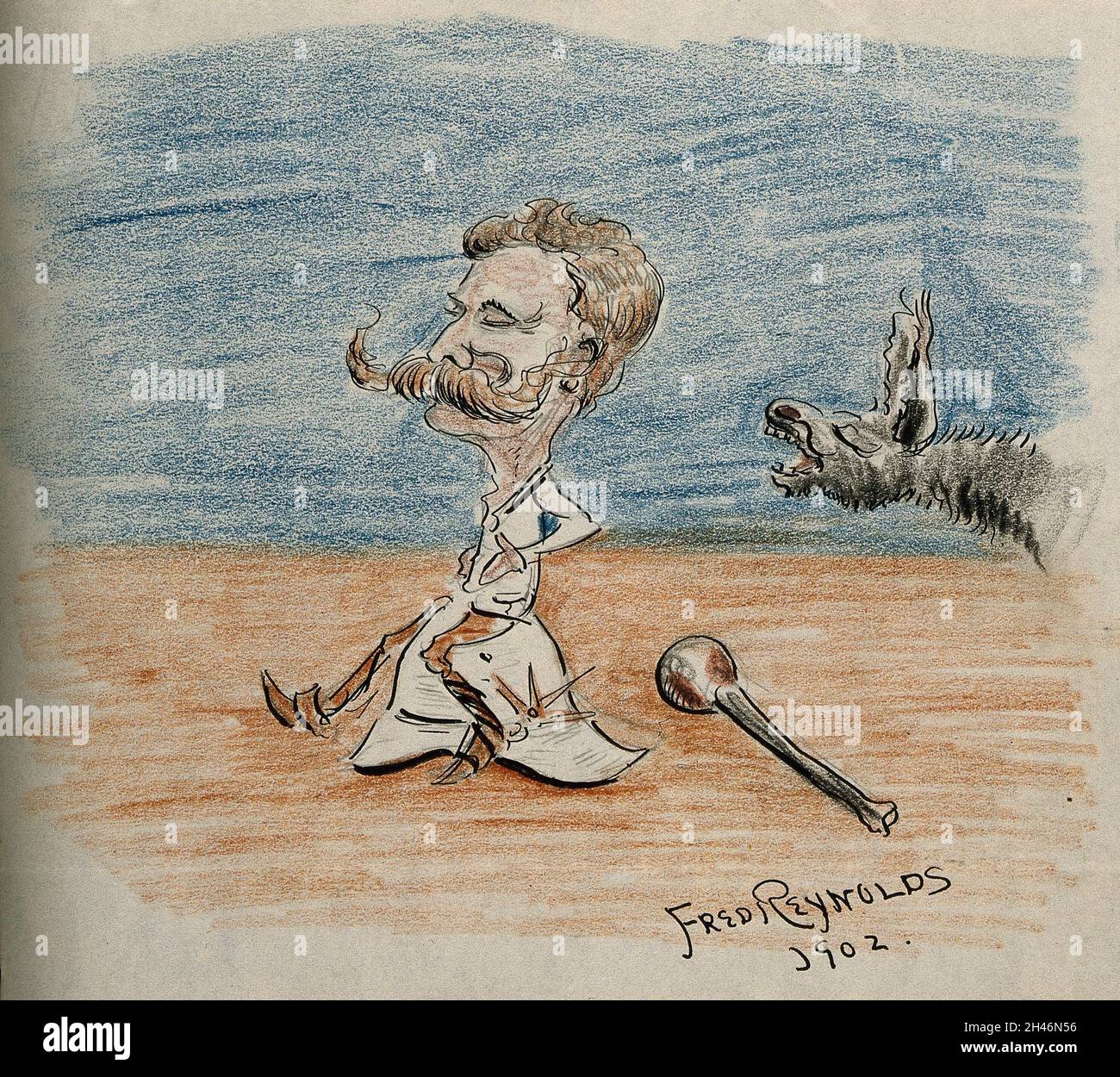 Henry Solomon Wellcome. Pen and coloured pencil drawing by F. Reynolds ...
