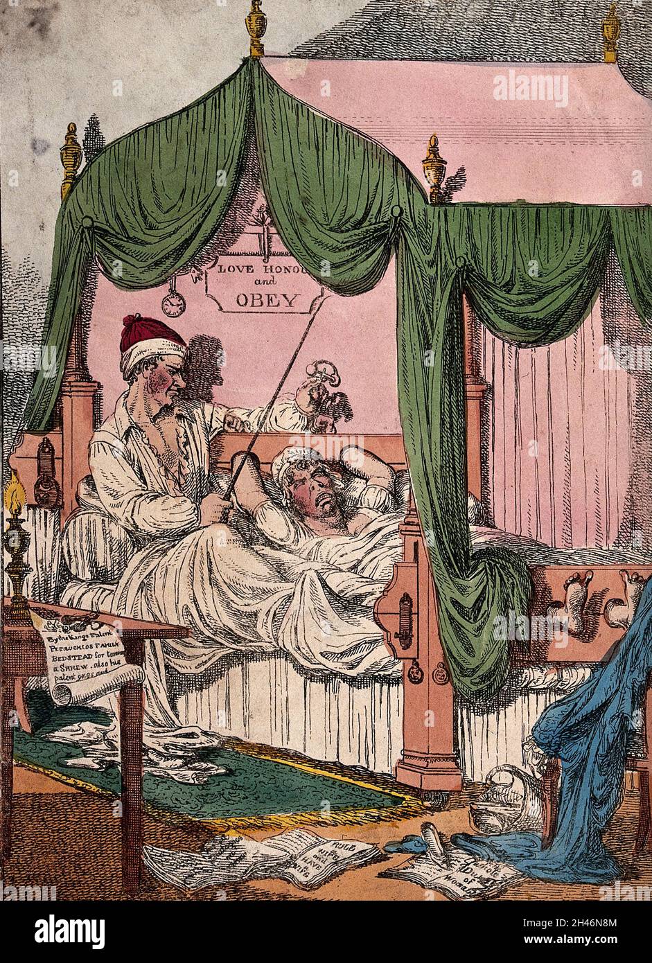 A couple lie in bed, the husband has a whip and thumbscrews, around the ...