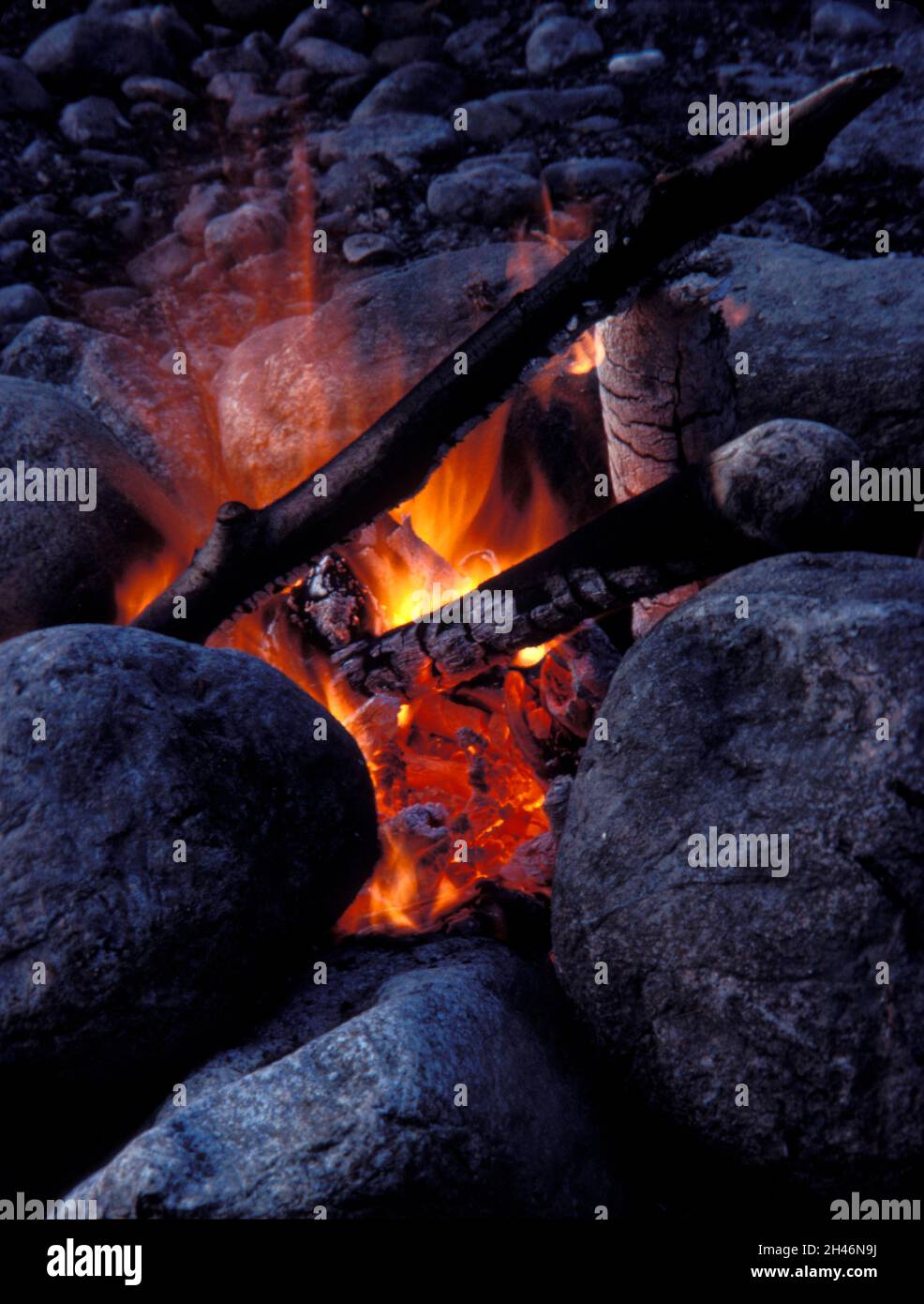 Outdoor, Sweden in 1977, analog. Close up on burning firewood in a ...
