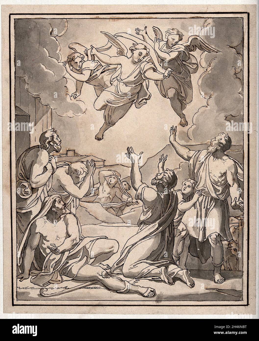 Angels announcing the birth of Christ to the shepherds (?). Ink drawing ...
