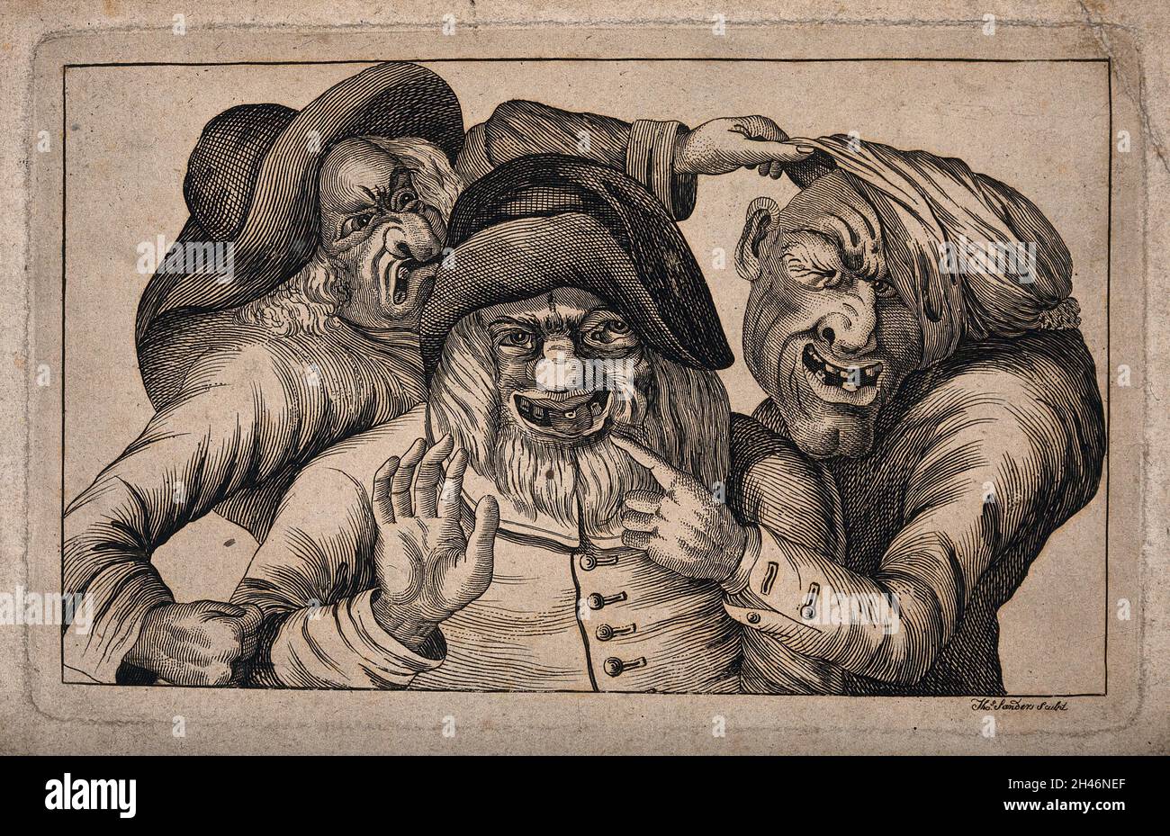 Three grotesque old men with missing teeth grimacing and pointing at ...