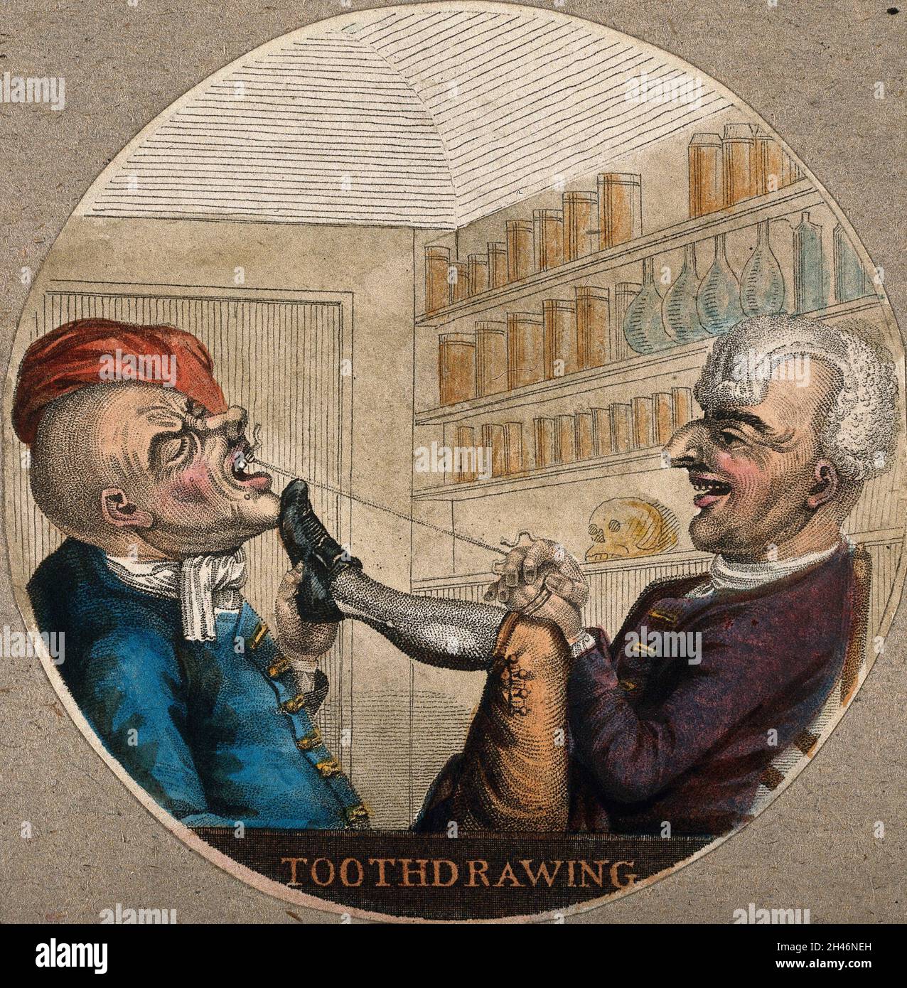 A tooth-drawer using a cord to extract a tooth from an agonized patient ...