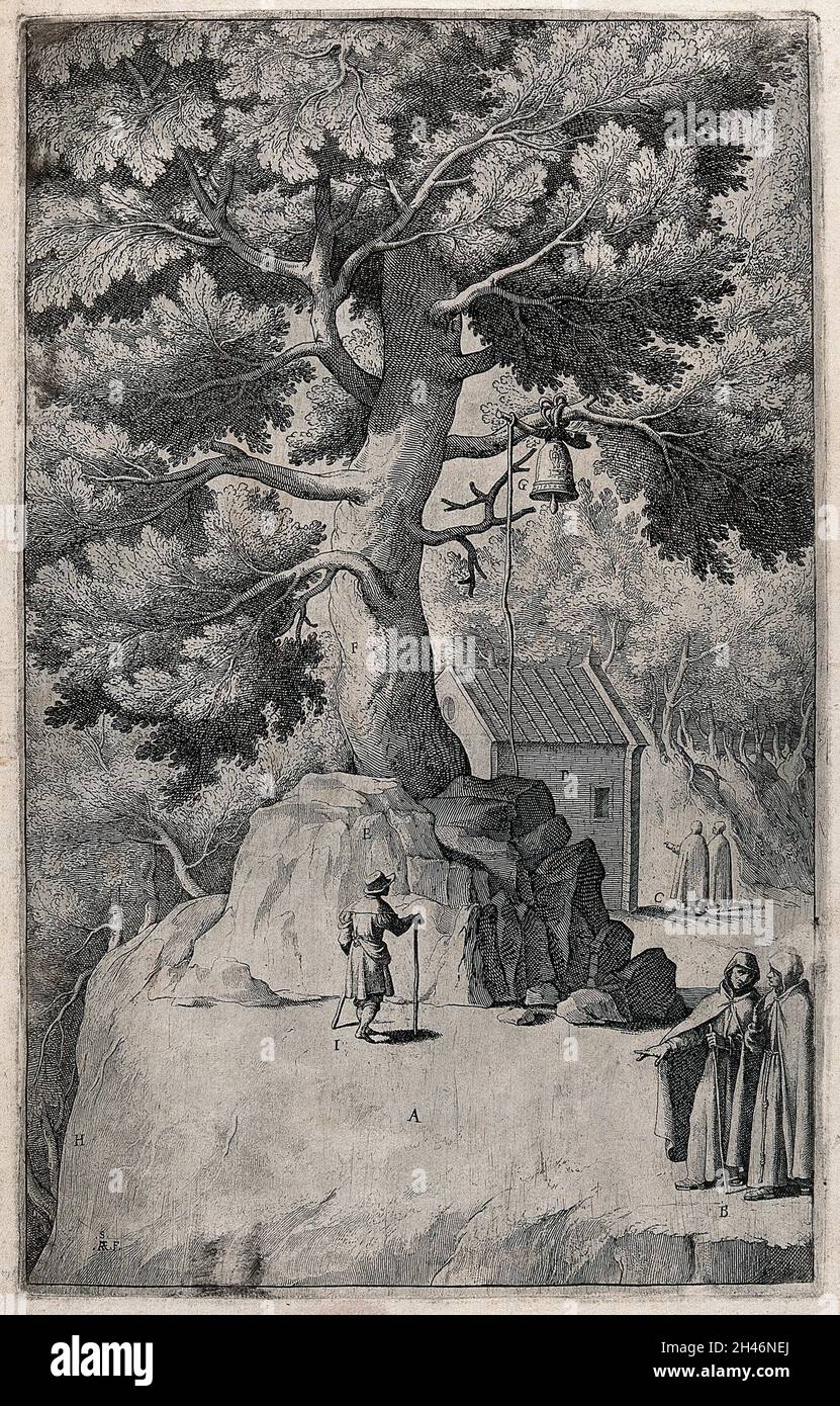 Monks on mount La Verna; bell hung on a tree. Etching by R. Sciaminossi ...