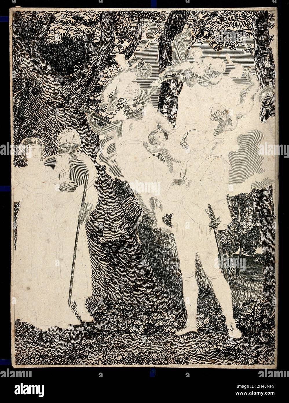 A young man surrounded by flying cupids and a lute-playing figure ...