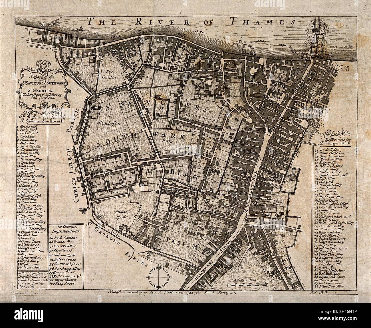 Southwark, London: map of the borough with key. Etching, 1755 Stock ...