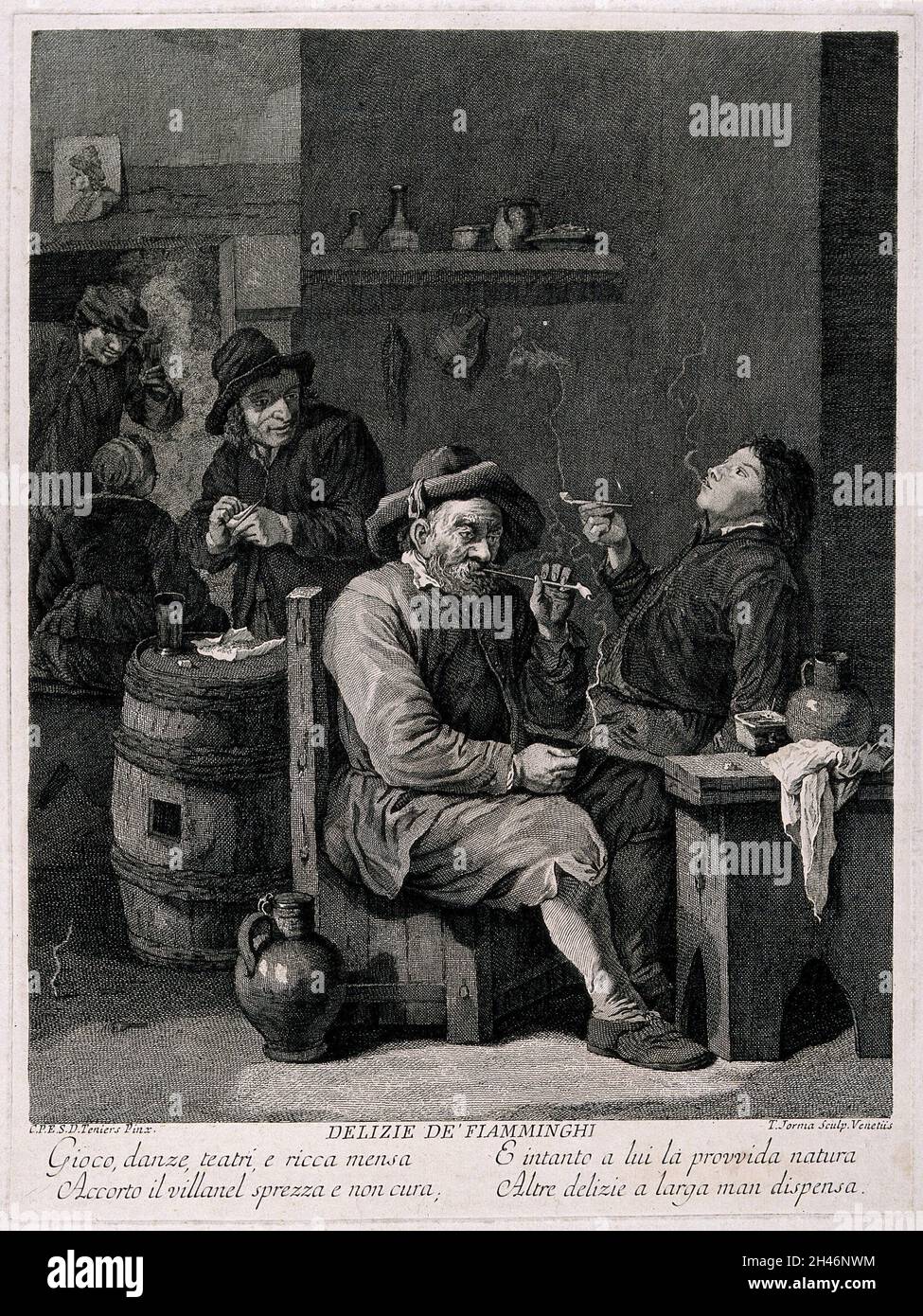 Five Flemish men, old and young alike, smoke and drink in a dingy smoke ...