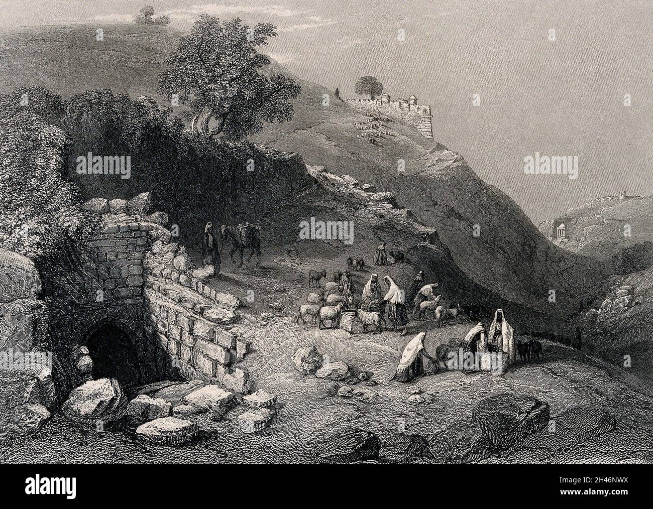 Well of the Virgin, Jerusalem. Line engraving by J.C. Armytage after W ...