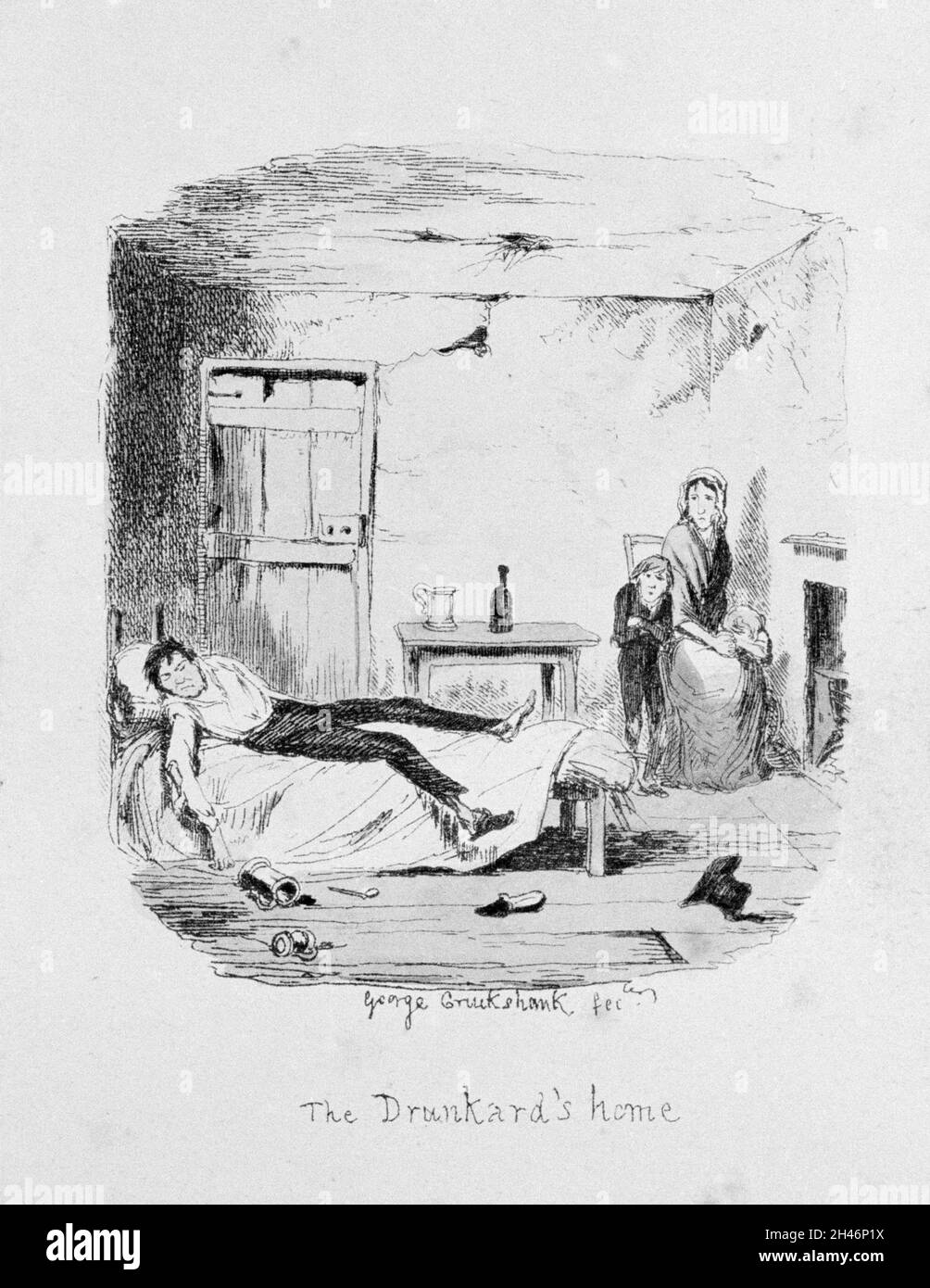 A hopeless drunkard lying on his bed watched by his poor wife and son ...